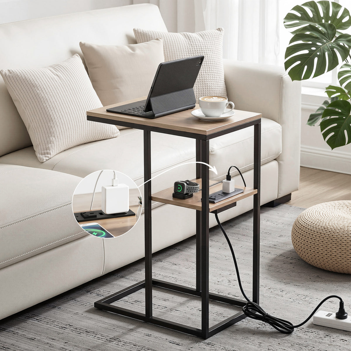 Buy Artiss C-Shaped End Table Charging Station 2-Tier Side Coffee Table ...
