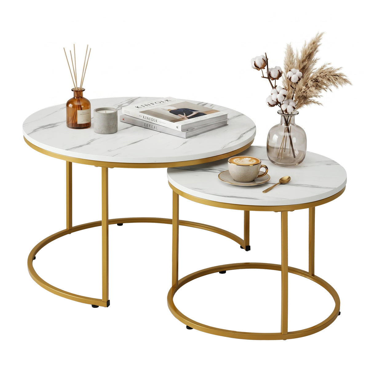 Buy Artiss Nesting Coffee Table Set of 2 Round White & Gold Online - Artiss