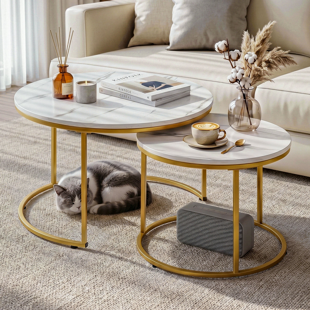 Buy Artiss Nesting Coffee Table Set of 2 Round White & Gold Online - Artiss