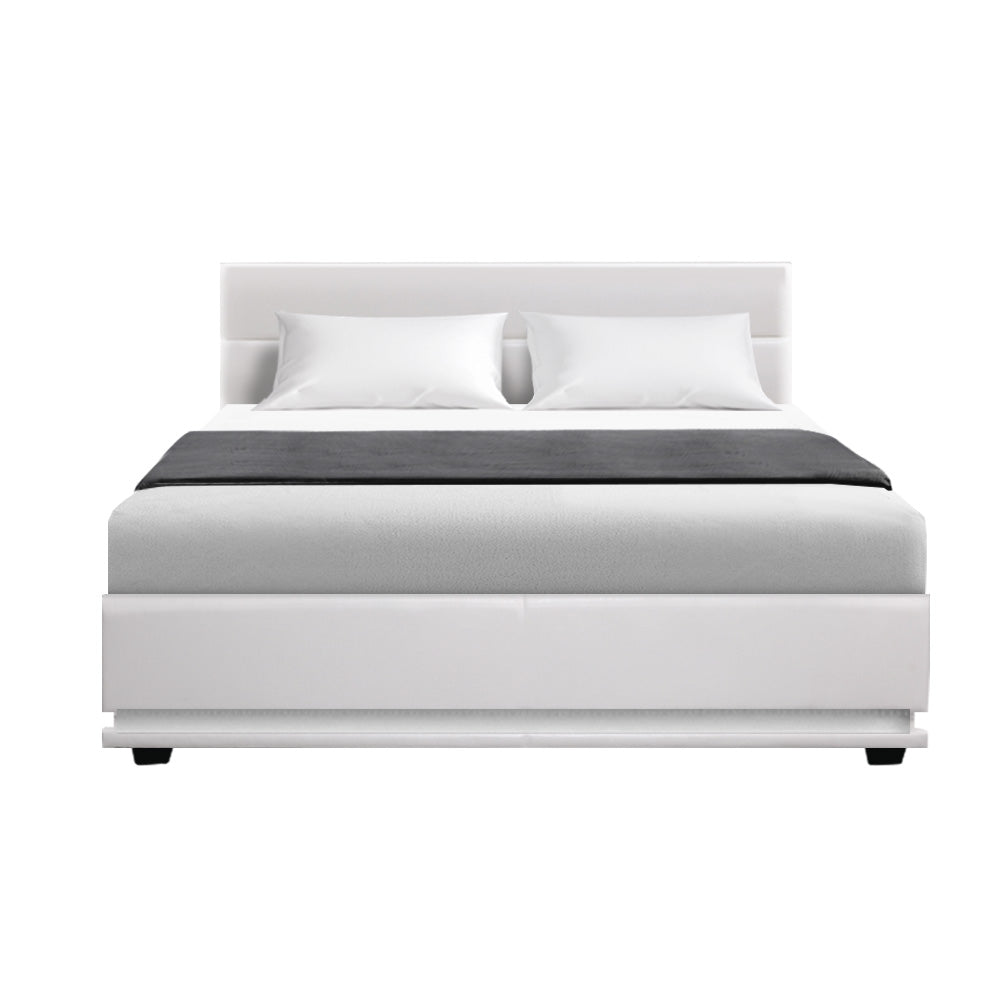 Artiss rgb led bed frame queen size gas lift base storage white leather lumi store