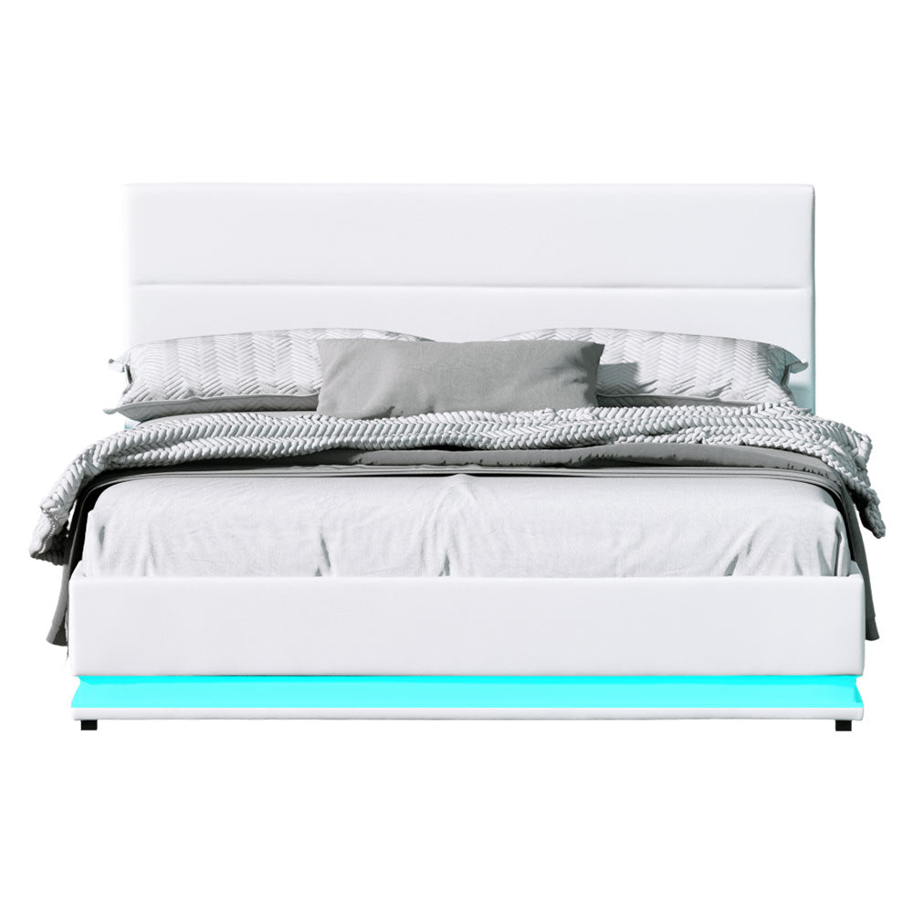 Buy Artiss Bed Frame Queen Size LED Gas Lift White LUMI Online Artiss