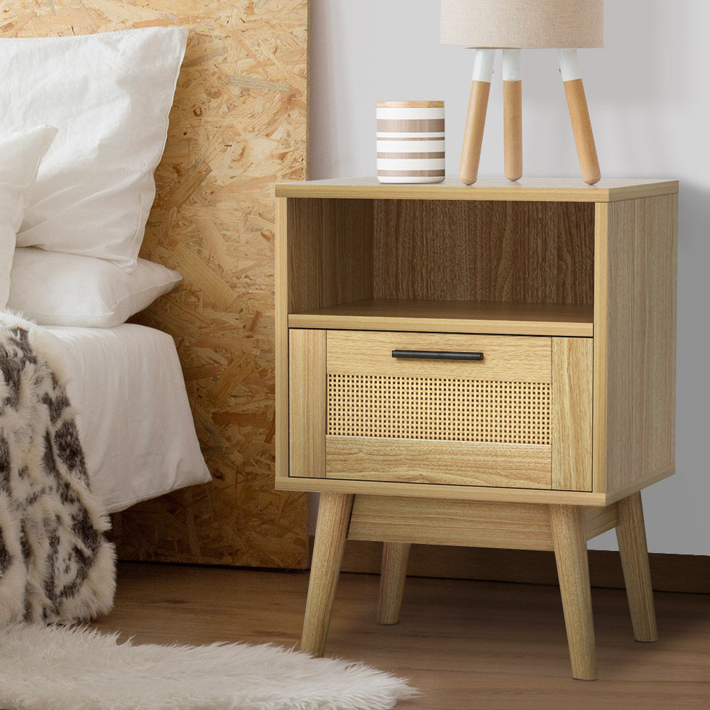 Buy Artiss Rattan Bedside Table 1 Drawer with Shelf REI Oak Online Artiss