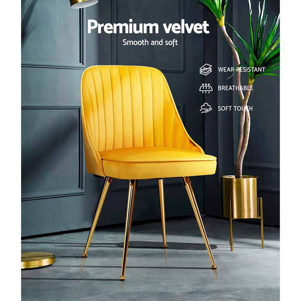 Buy Artiss Dining Chairs Set of 2 Velvet Channel Tufted Yellow Online Artiss